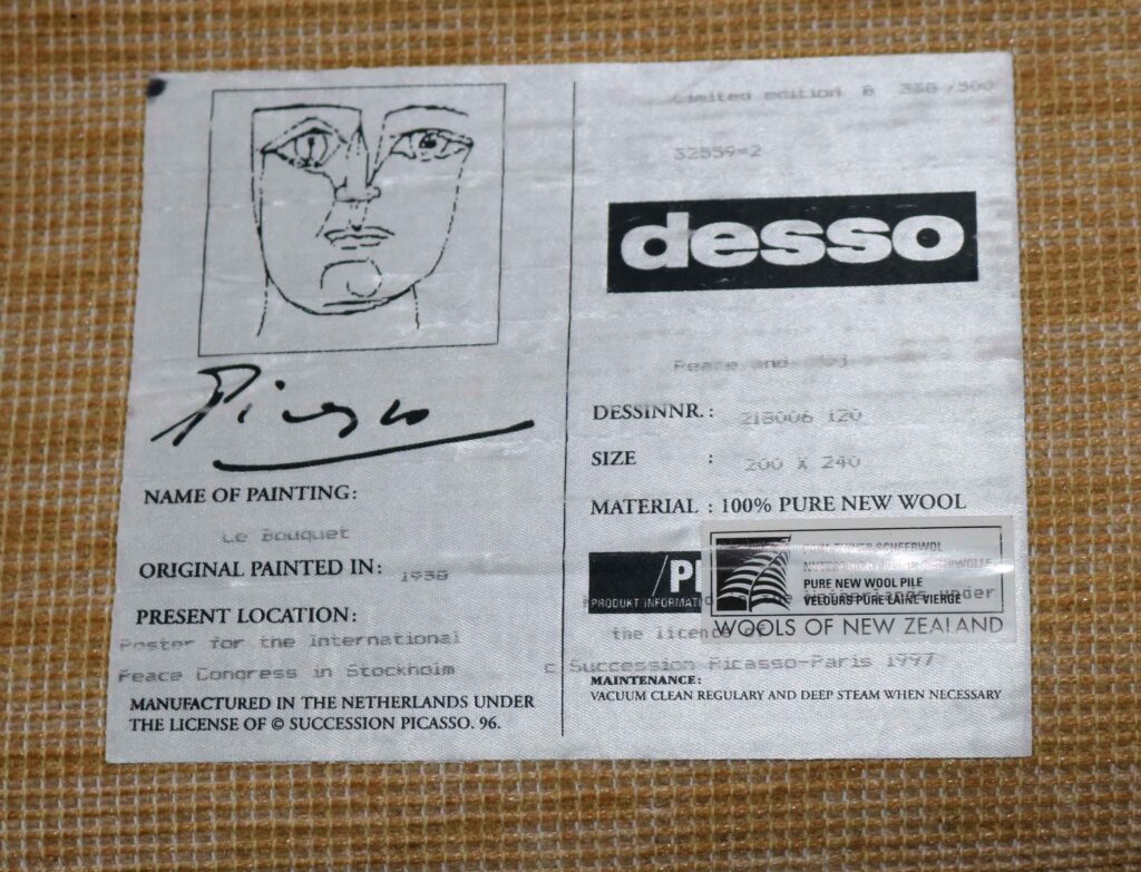 Desso Picasso Rug label | Stephanie Connell - Art & Antiques
